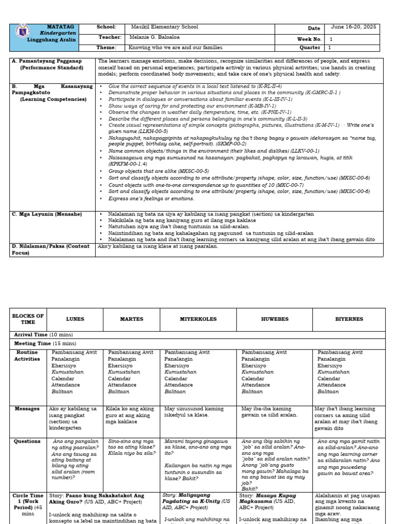 Kindergarten Matatag DLL q1 w1 | PDF