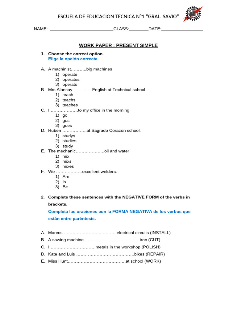 Present Simple Work Paper | PDF