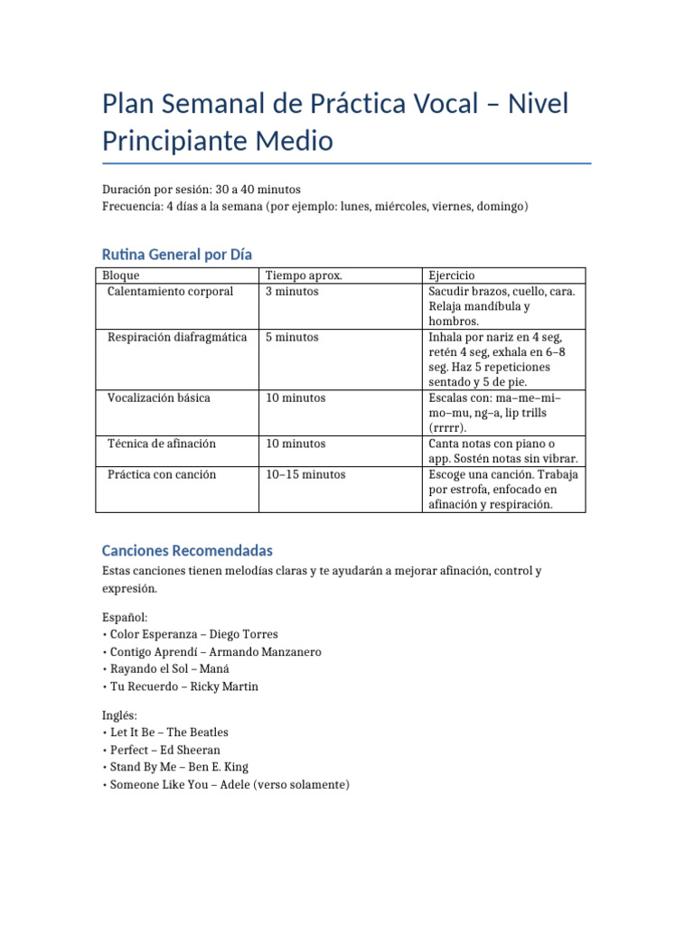 Plan Semanal Practica Vocal Jorge | PDF