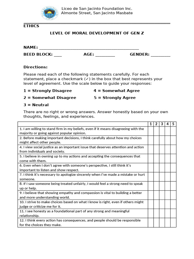 Survey Questionnaire For Ethics | PDF