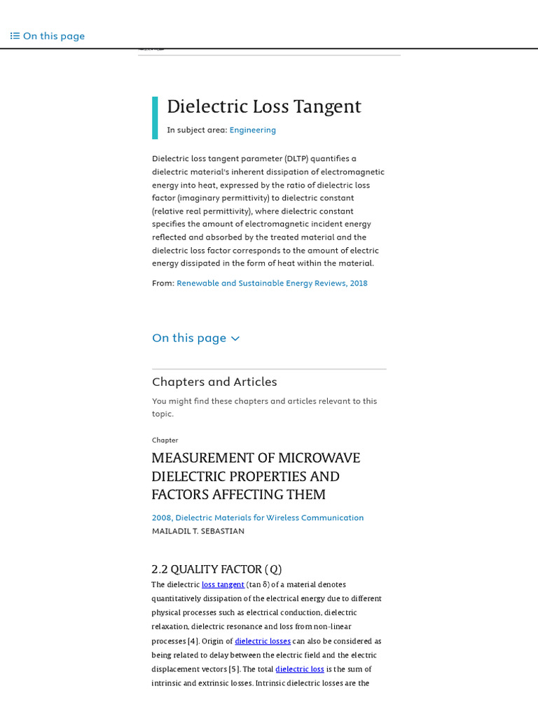 Dielectric Loss Tangent - An Overview - ScienceDirect Topics | PDF | Dielectric | Permittivity