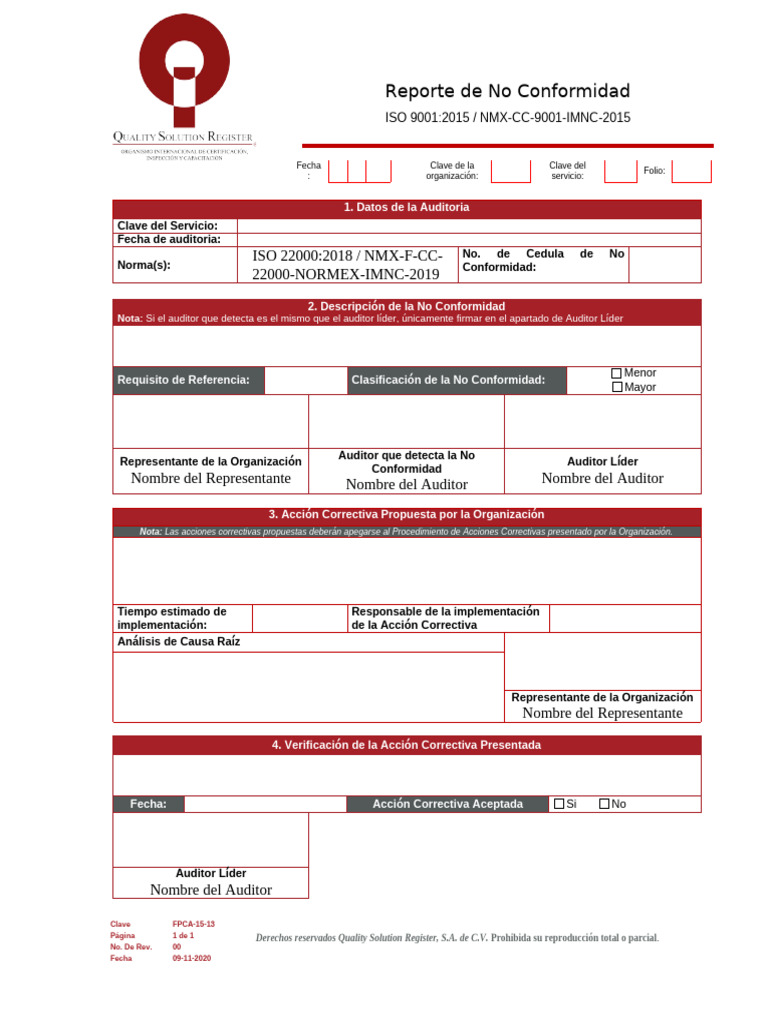 Reporte de No Conformidad ISO 9001:2015 | PDF | Auditoría