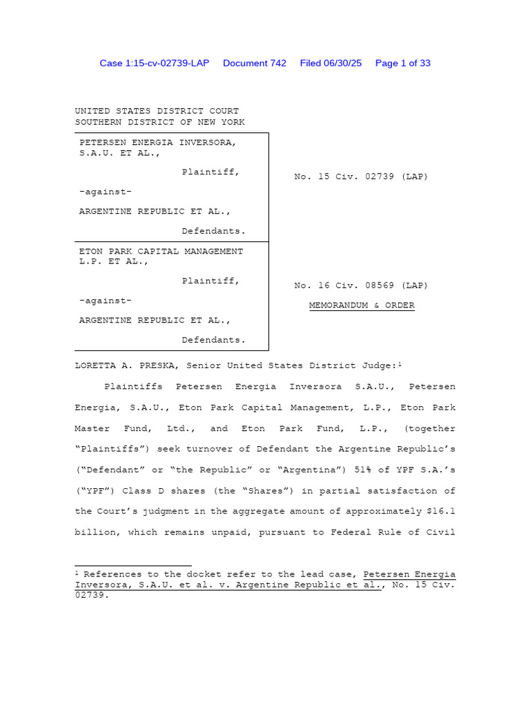 YPF Shares Turnover Order Against Argentina | PDF | Common Law