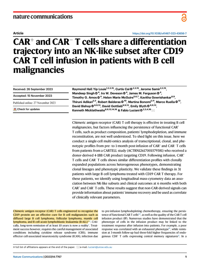 CAR+ and CAR T Cells Share A Differentiation Trajectory Into An NK-like Subset After CD19 CAR T ...