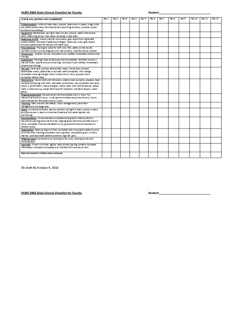 Clinical Daily Checklist | Nursing | Patient