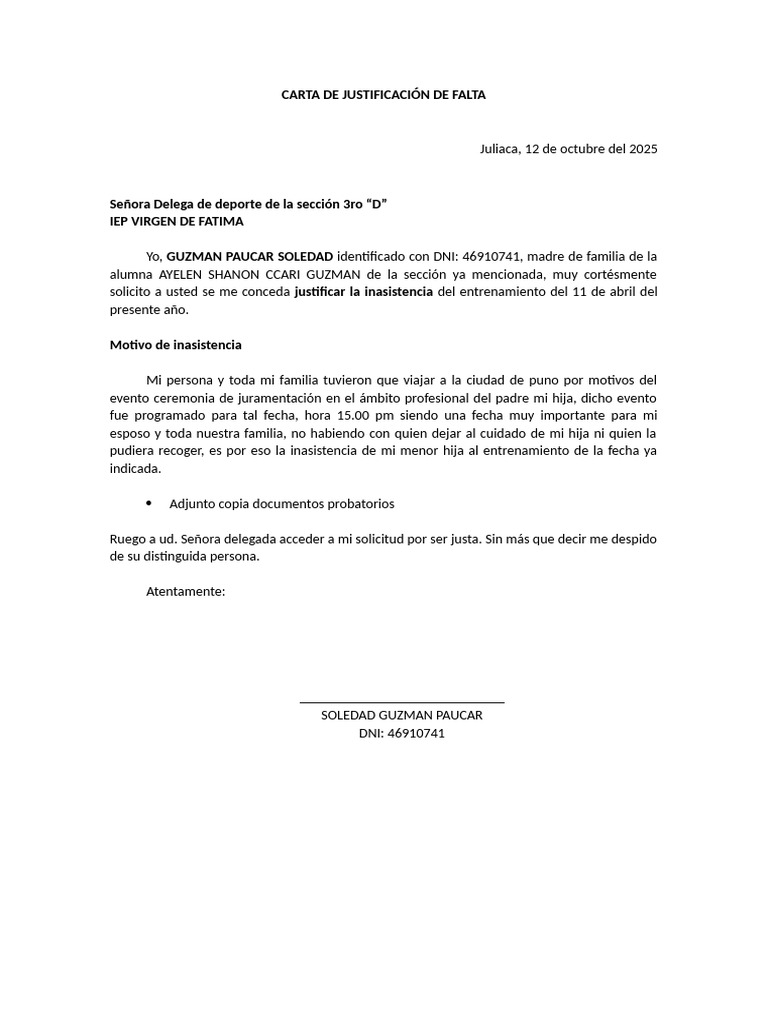 Carta de Justificación de Falta | PDF