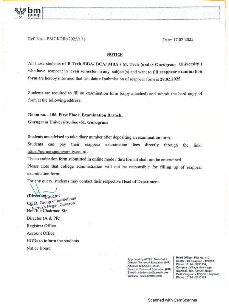 Reappear Examination Form | PDF