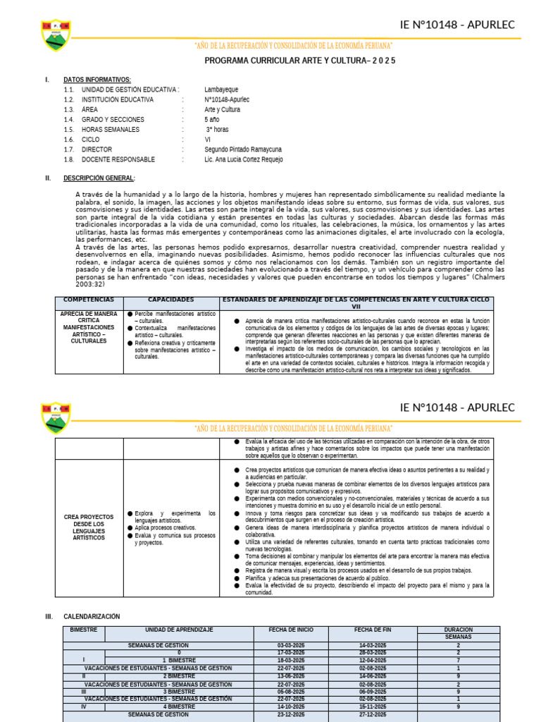 Programacion Anual 4° Arte y Cultura | PDF | Enseñando | Aprendizaje
