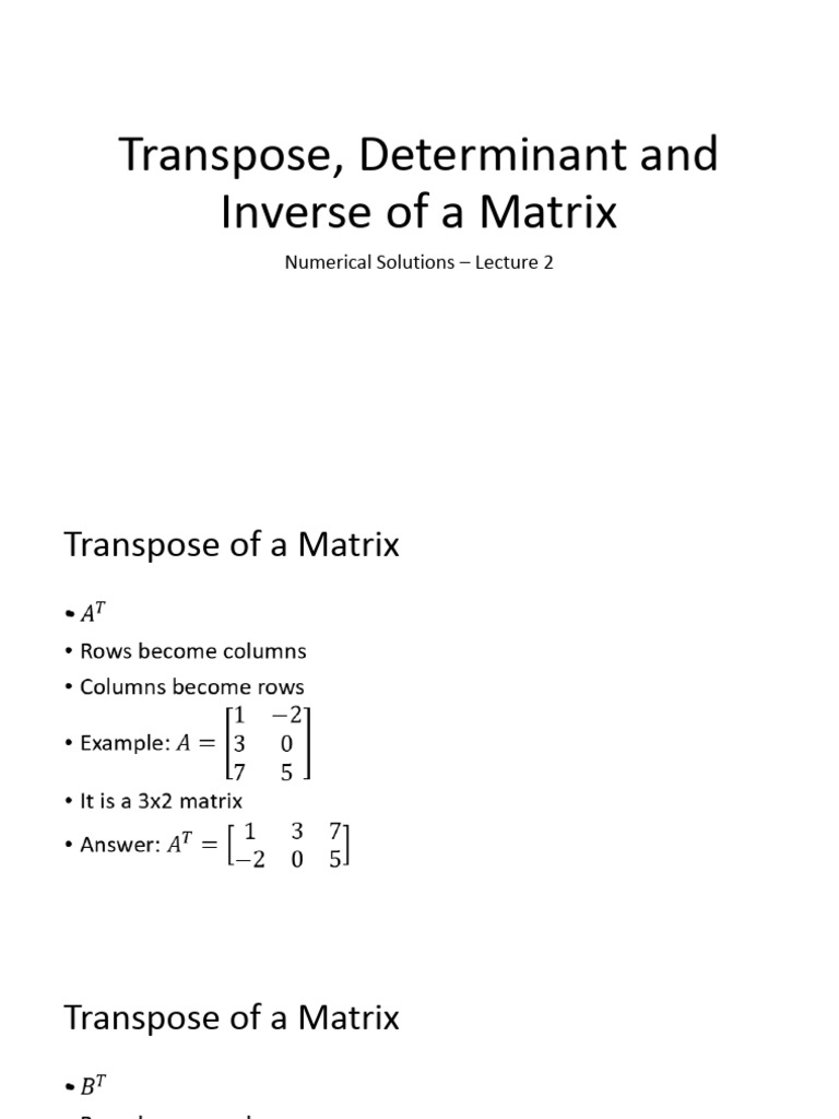 TM5 Lecture 1b - Transpose - Determinant and Inverse of A Matrix | PDF