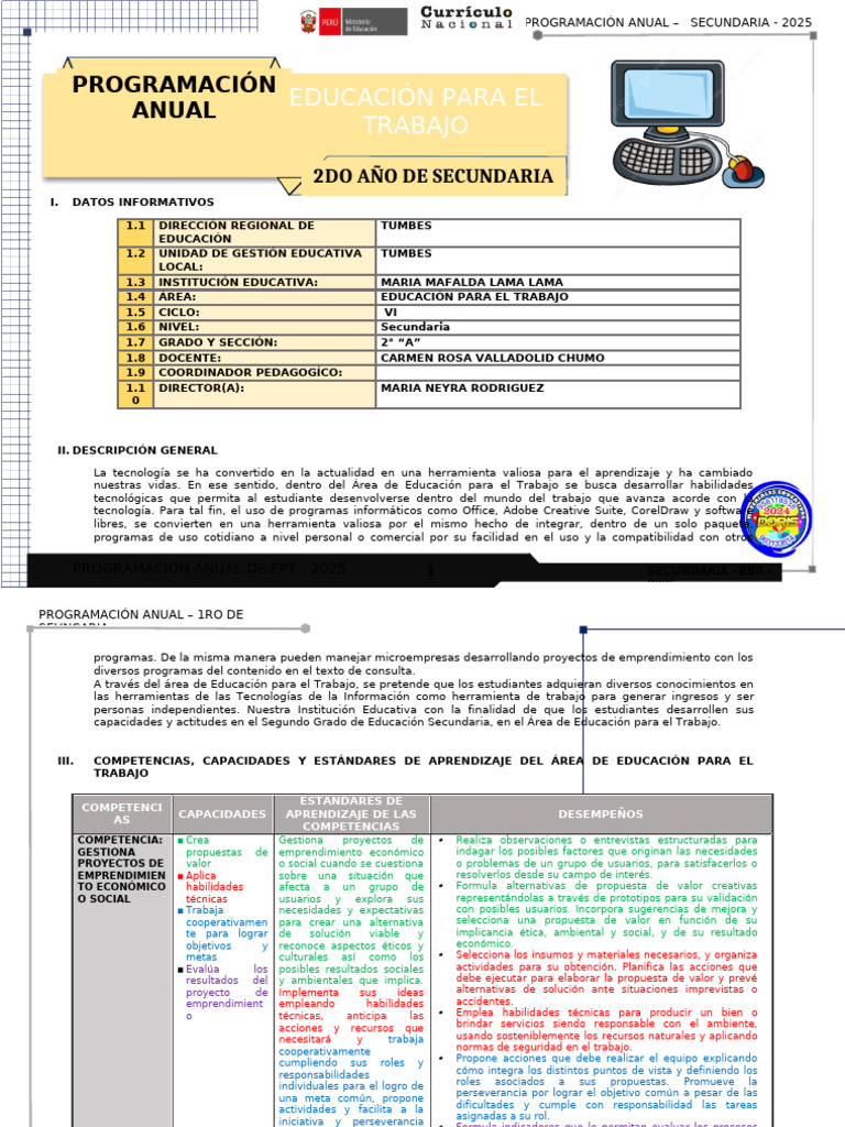 PROGRAMACIÓN ANUAL 2º EPT - 2025 Carmen Imprimir | PDF | Microsoft Excel | Evaluación