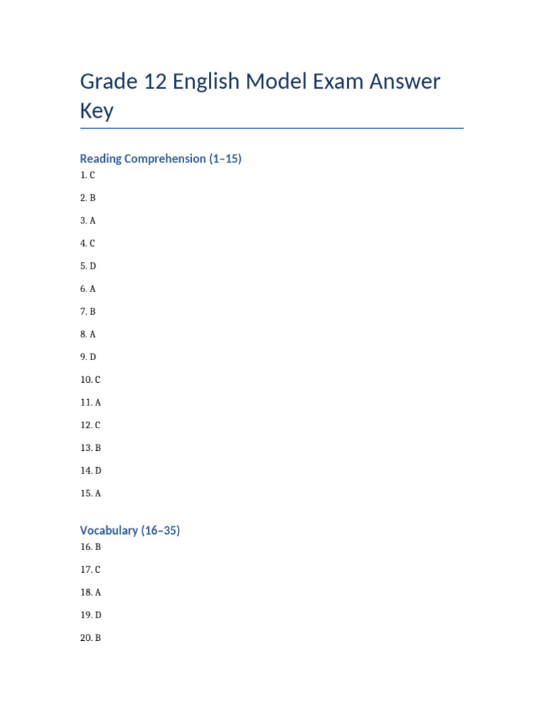 Grade 12 English Exam Answer Key | PDF