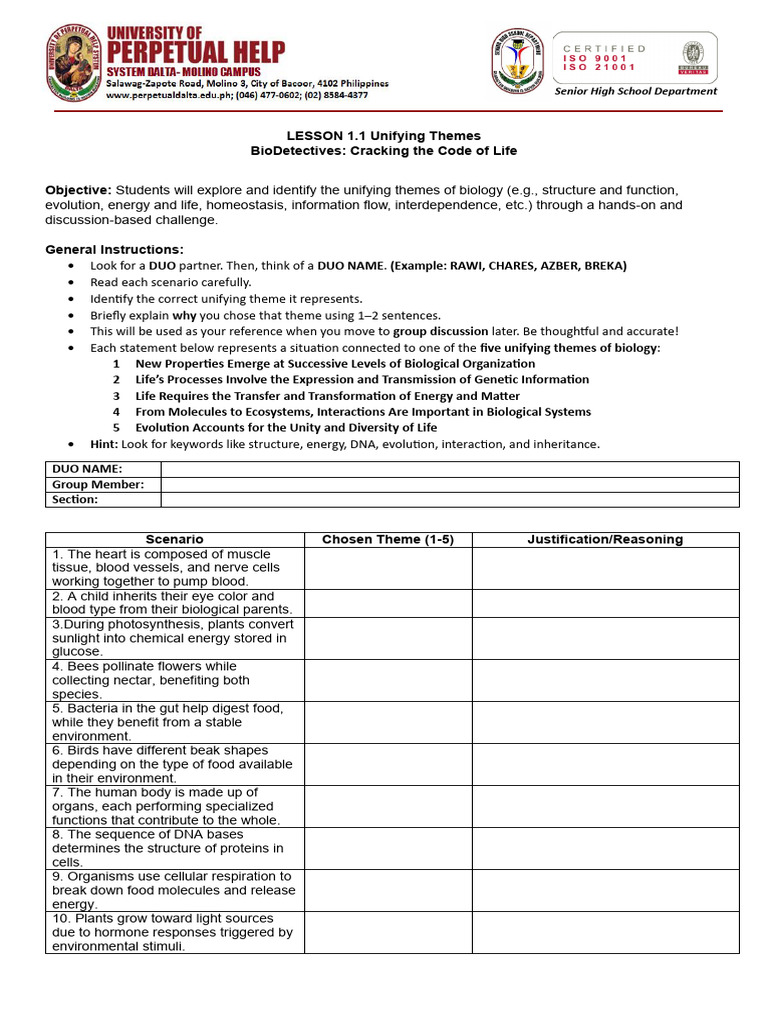 LESSON 1.1 Activity BioDetectives. Cracking The Code of Life | PDF ...
