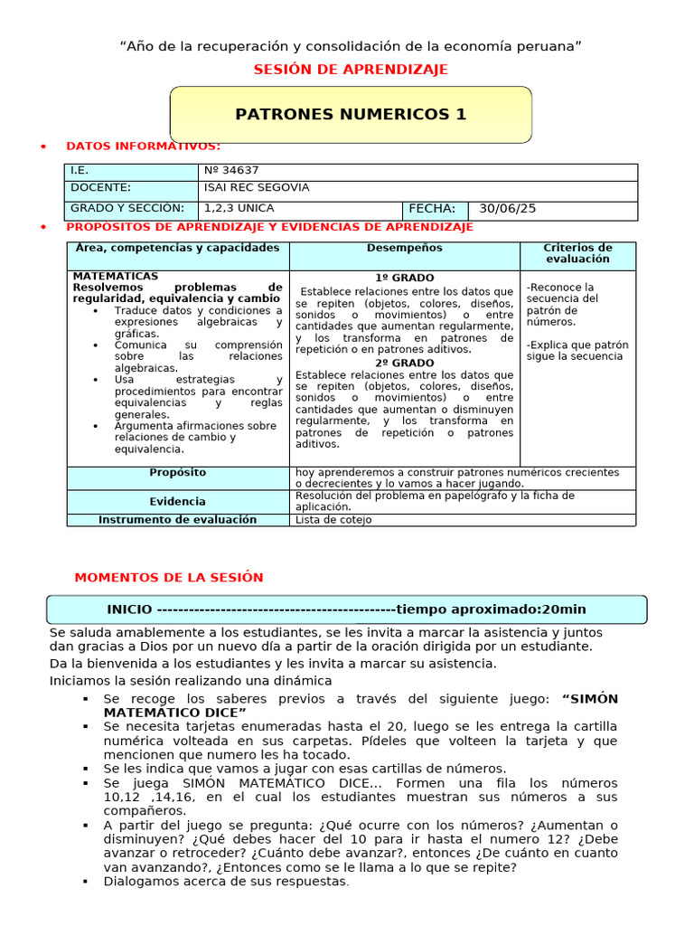 U4 S2 Sesion D2 Mat Hacemos Patrones Numericos 1 | PDF