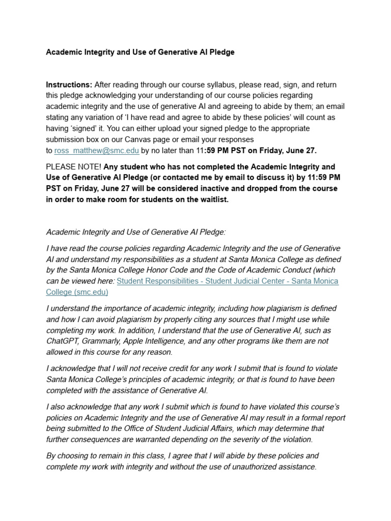 Academic Integrity and Use of Generative AI Pledge | PDF