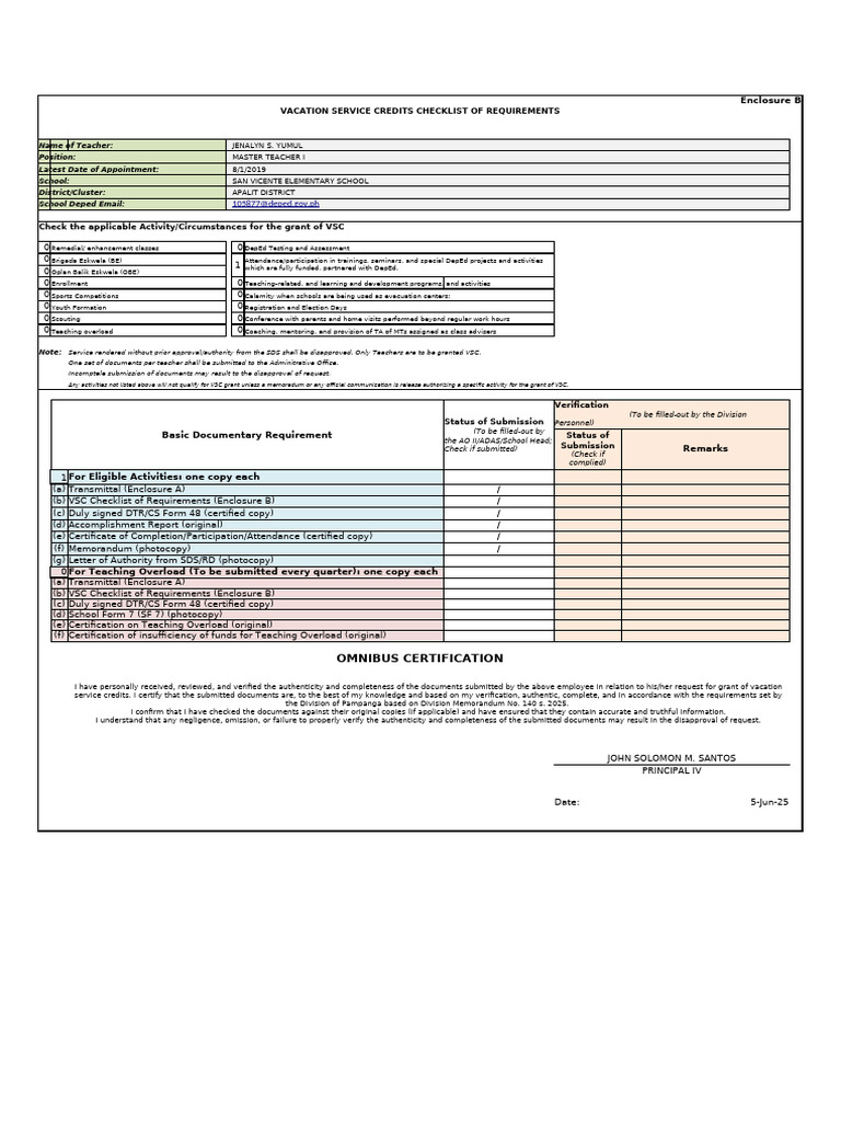 New Checklist of Requirements For VSC Enclosure B1 | PDF
