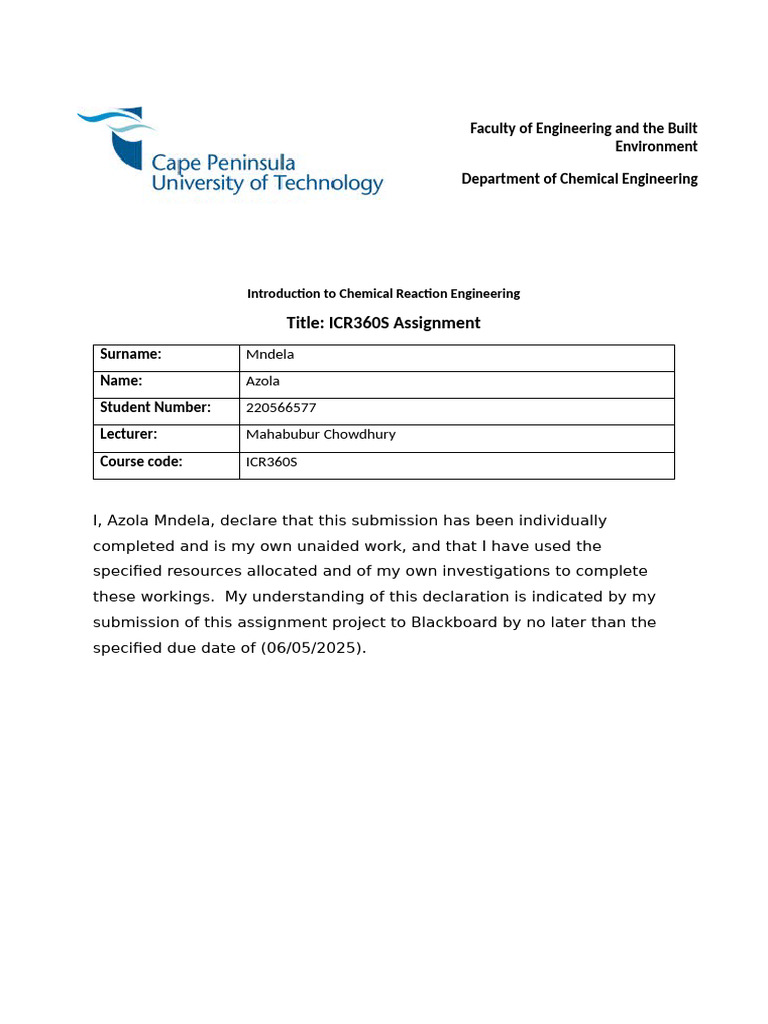 ICR GA Assignment | PDF | Chemical Reactor | Chemical Engineering