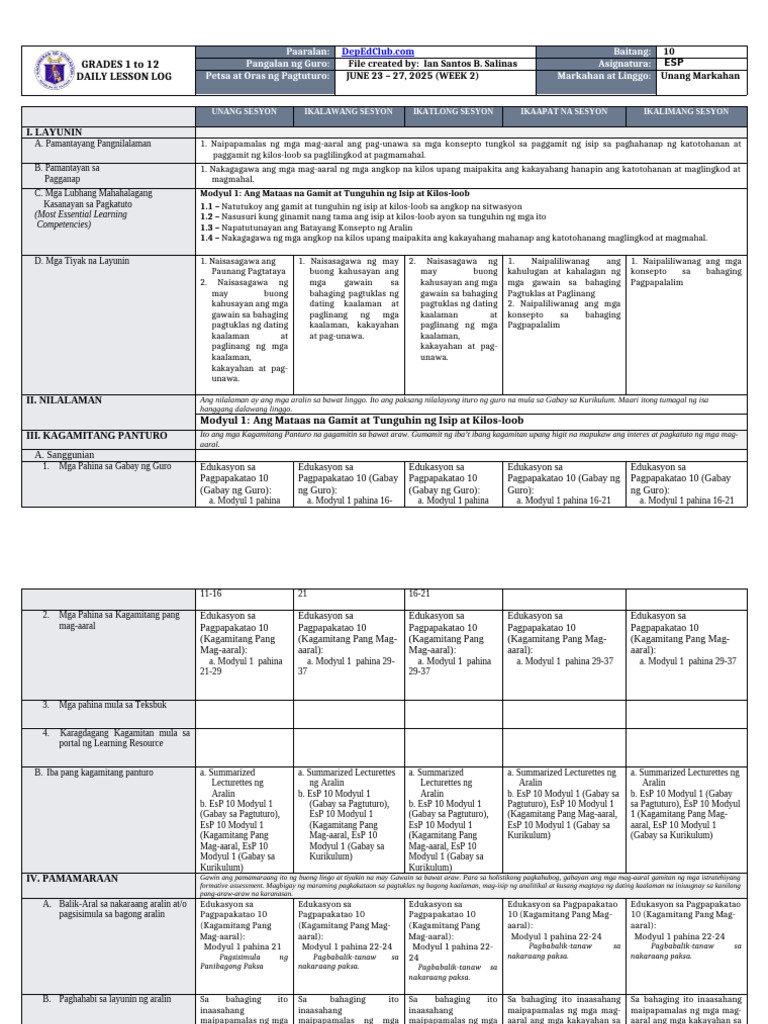 DLL - Esp 10 - Q1 - W2 | PDF