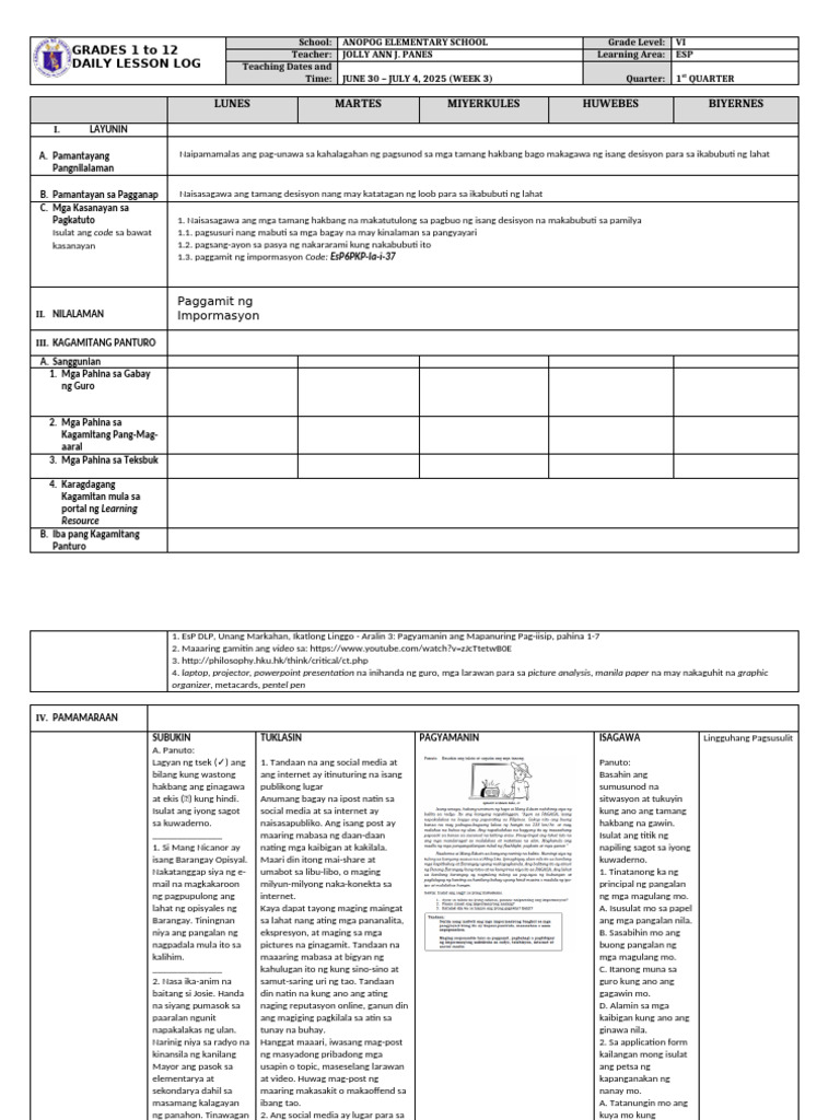 DLL_EDUKASYON SA PAGPAPAKATAO 6_Q1_W3 (2) | PDF