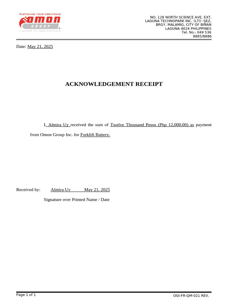 Acknowledgement Receipt for Payment | PDF