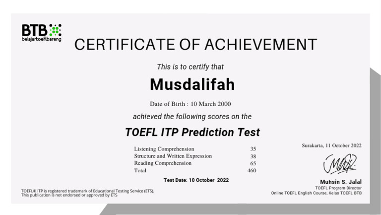 TOEFL ITP Prediction Test Certificate | PDF
