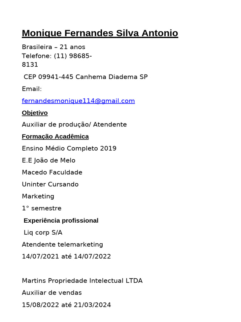 Monique Fernandes Curriculo 2022 | PDF