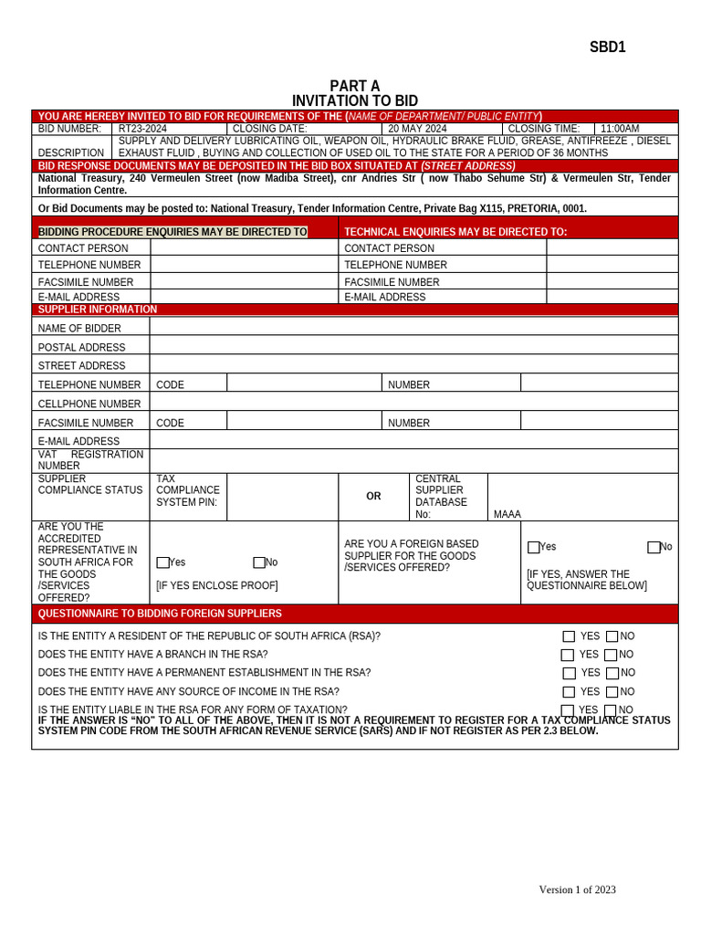 Annexure 2 SBD 1 - Invitation To Bid (Returnable Document) | PDF | Taxes | Government Finances