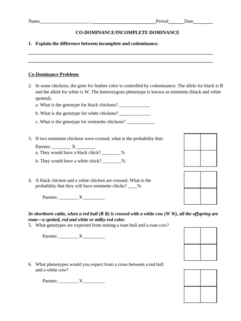 Bio Non Mendel Practice Incomplete and Codominance Worksheet | PDF