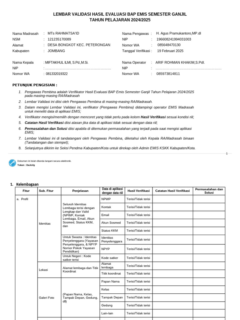 Lembar Validasi Hasil Evaluasi Bap Emis Semester Ganjil Tahun Pelajaran 2024 | PDF