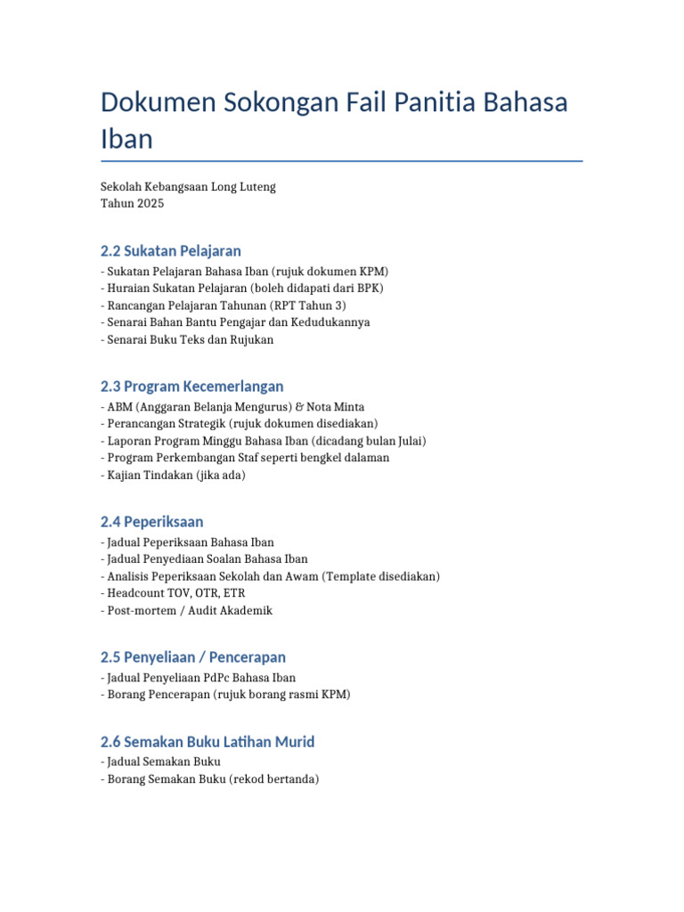 Dokumen Sokongan Fail Panitia Bahasa Iban SK Long Luteng 2025 | PDF