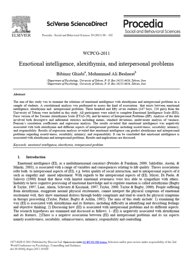 Emotional Intelligence Alexithymia and in 2011 Procedia Social and ...