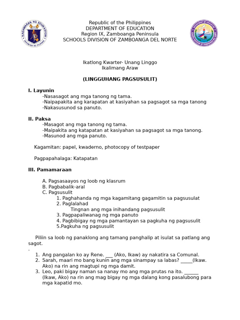 (Lingguhang Pagsusulit) I. Layunin | PDF