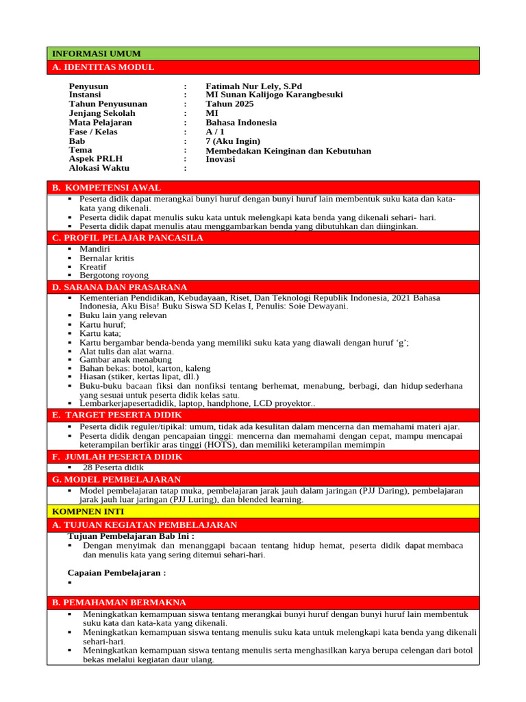 Format Modul Ajar Rpp Adiwiyata | PDF