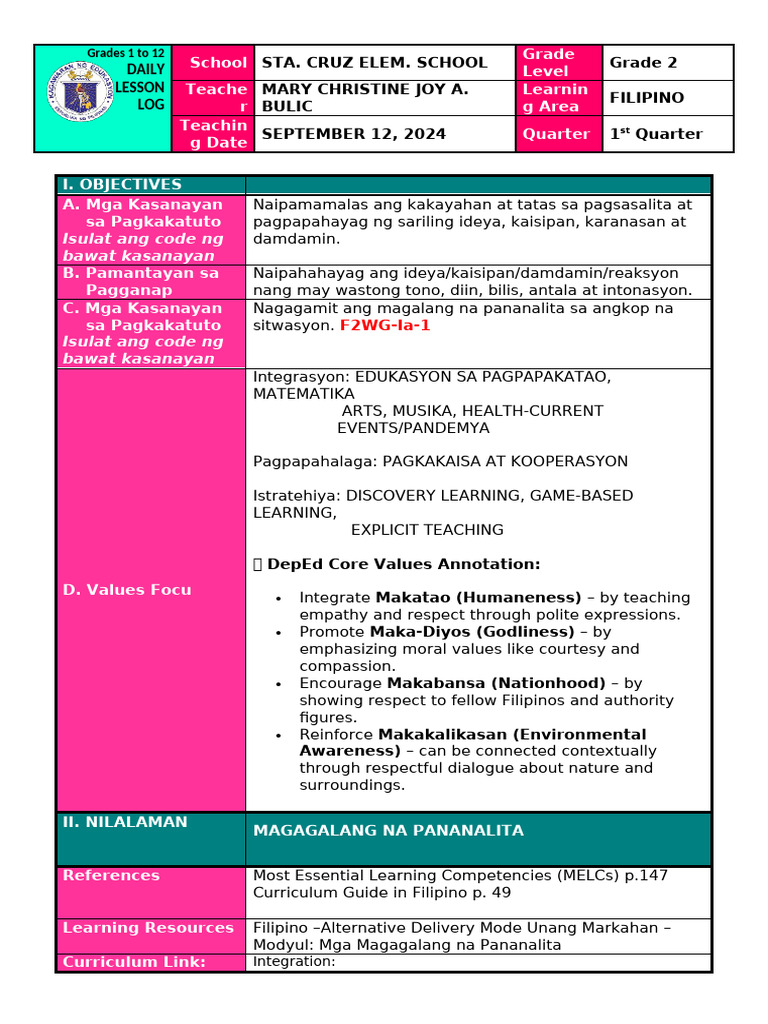 LP-in-1STQ-CO-FILIPINO-DEPED CORE VALUES | PDF