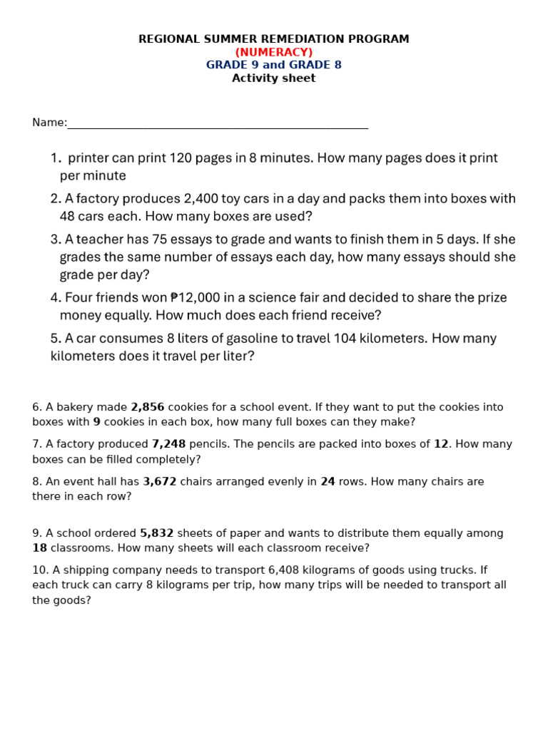 Regional Summer Remediation Program Worksheet 2 | PDF