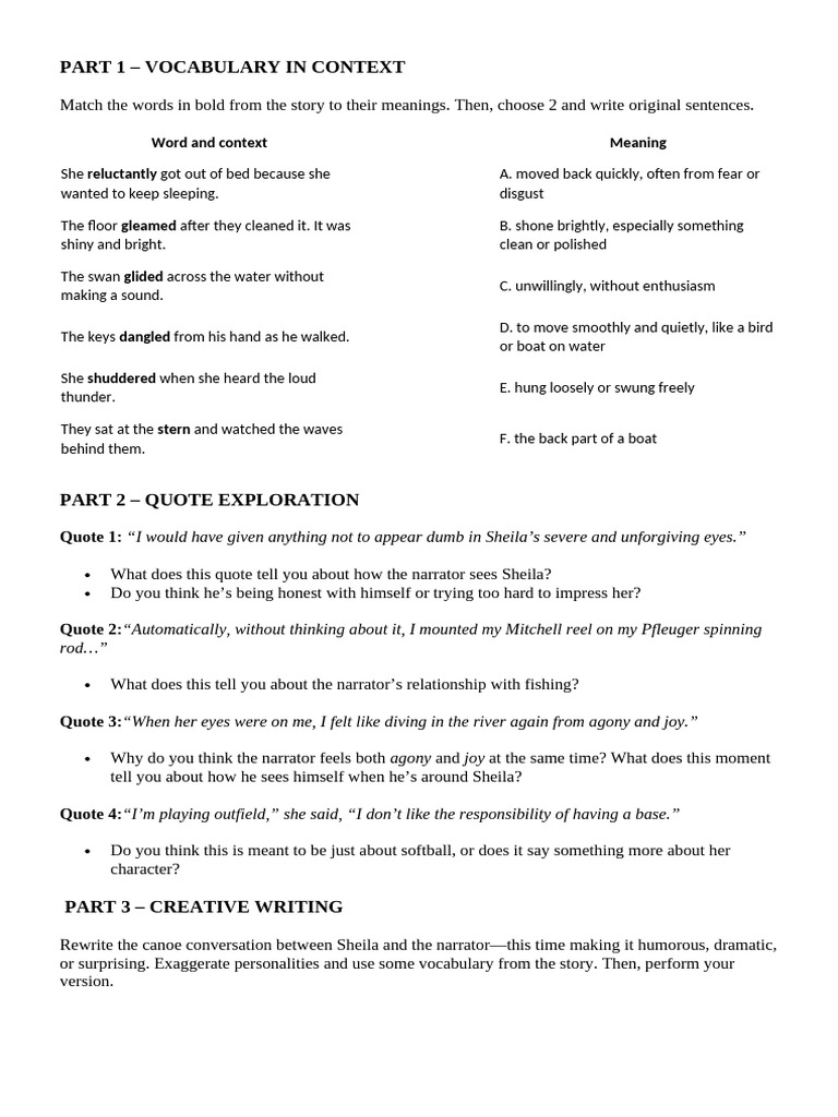 The Bass, The River, and Sheila Mant While Reading Activities | PDF