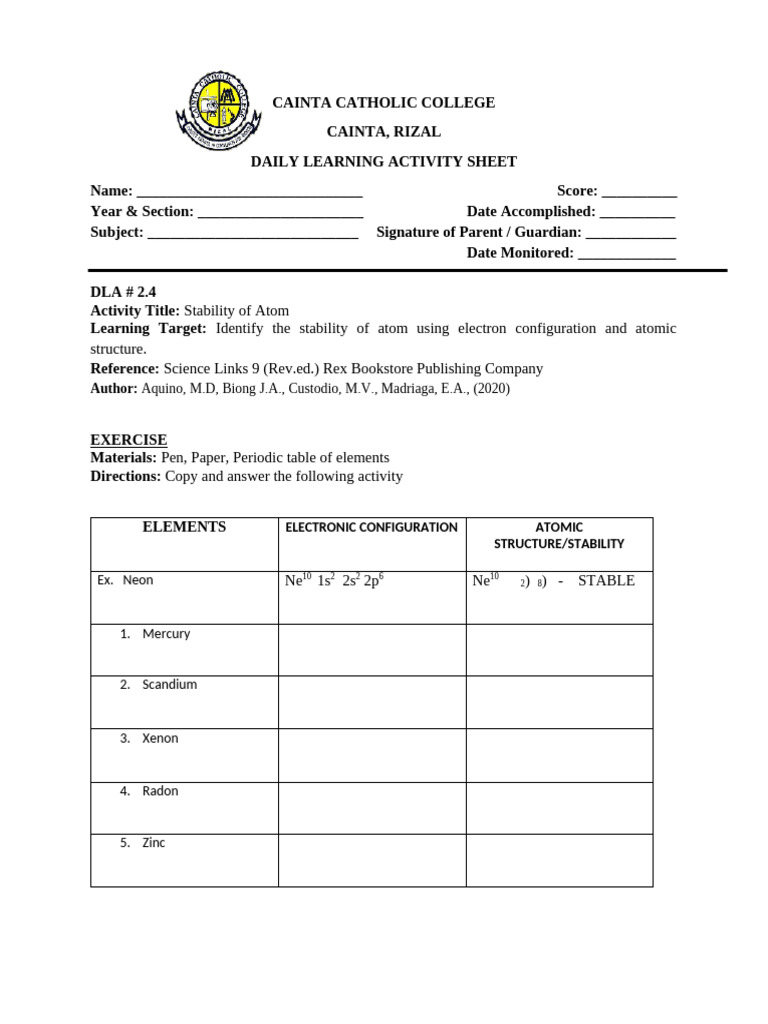 Stability of Atom Learning Activity | PDF