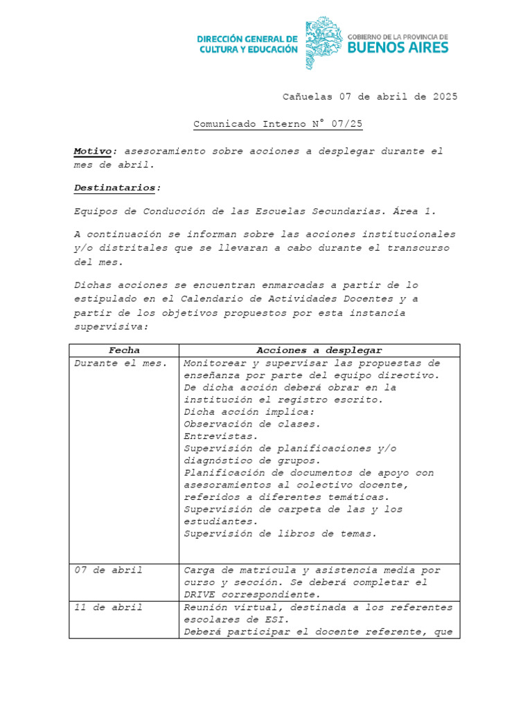 Comunicado Interno 07 Del 25 | PDF | Aprendizaje