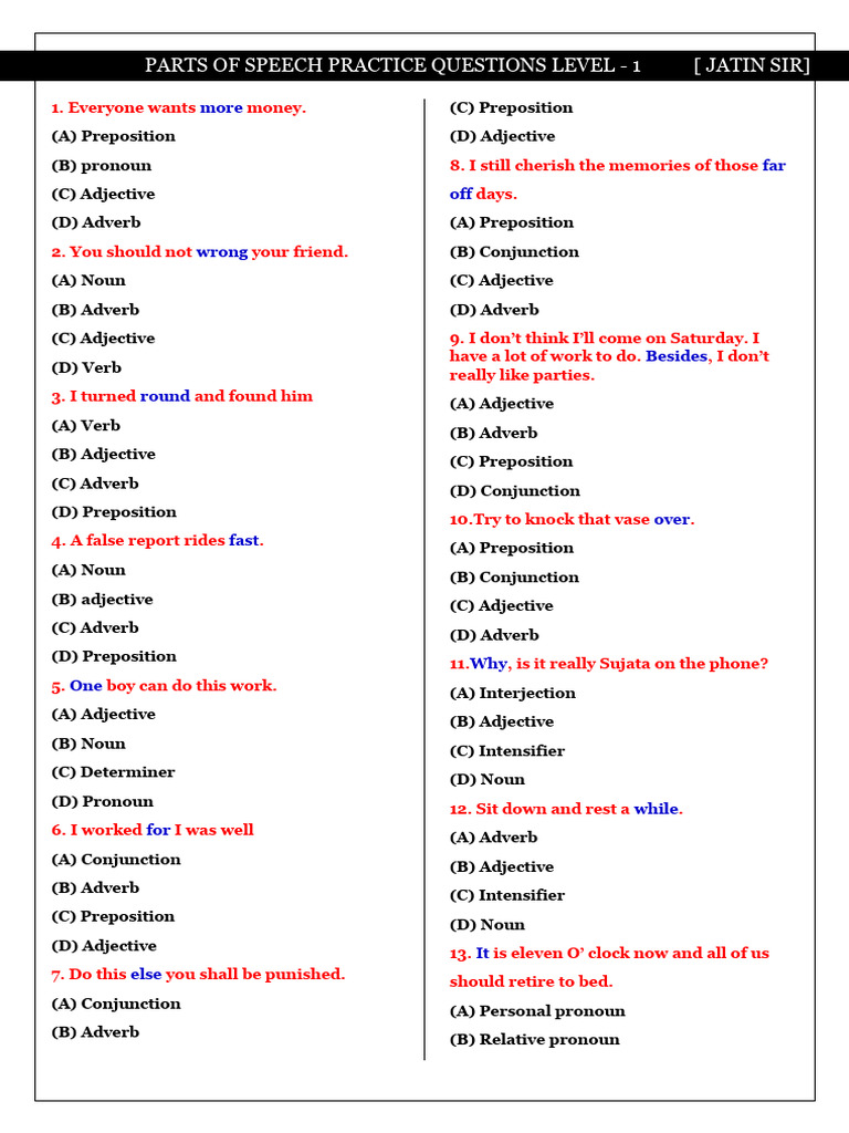 Parts of Speech Practice Questions | PDF | Adverb | Part Of Speech