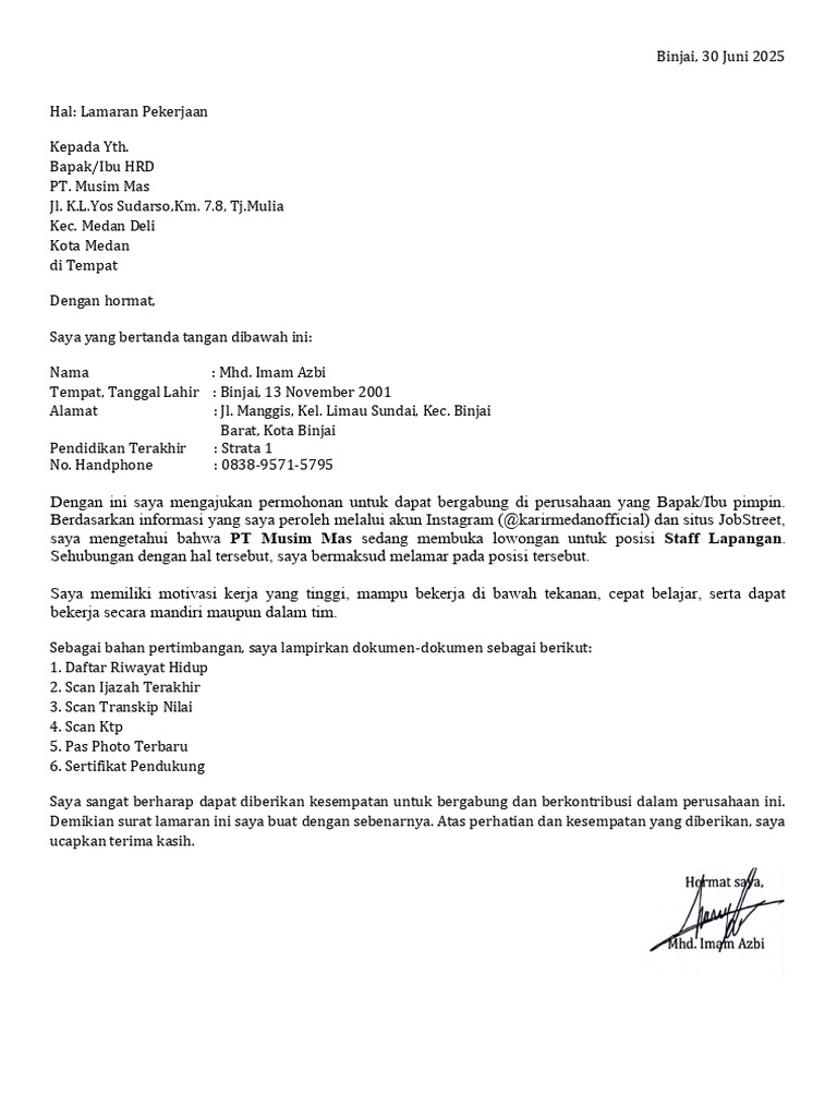 Surat_Lamaran_Mhd_Imam_Azbi yang praktis | PDF