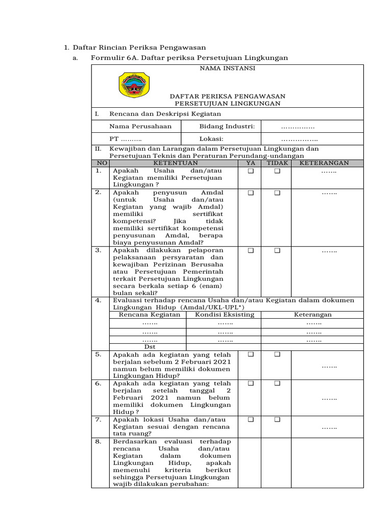 Daftar Periksa Persetujuan Lingkungan | PDF