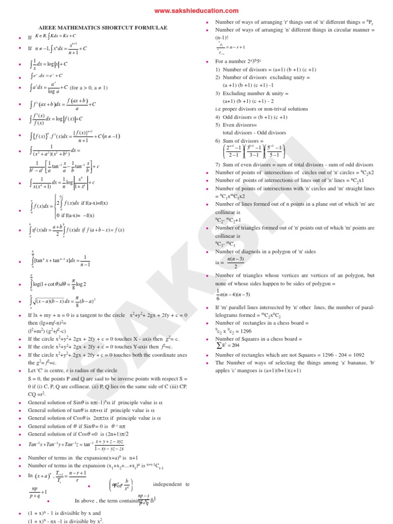 AIEEE Maths ShortcutFormulae | PDF | Cartesian Coordinate System ...