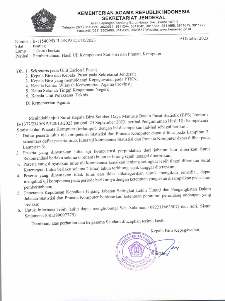 Surat Pengumuman Hasil Uji Kompetensi Pranata Komputer Dan Statistisi Agustus 23pdf | PDF