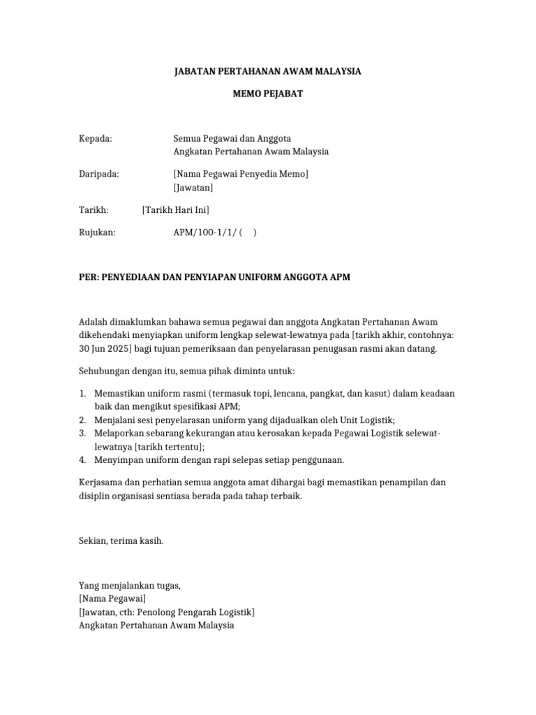 Memo Penyediaan Uniform APM | PDF