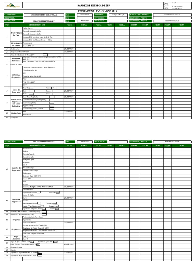 Kardex de Entrega de Epps 22 | PDF | Materiales