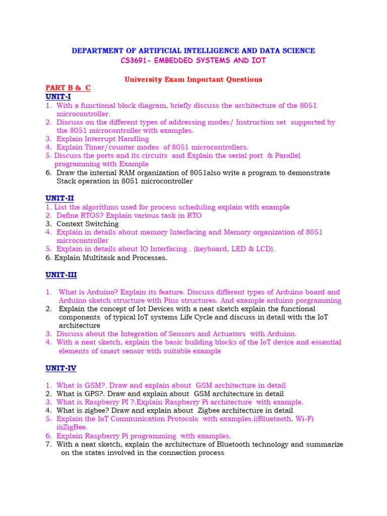 Ads CS3691 - Eiot Imp Questions For 2025 | PDF | Embedded System | Microcontroller