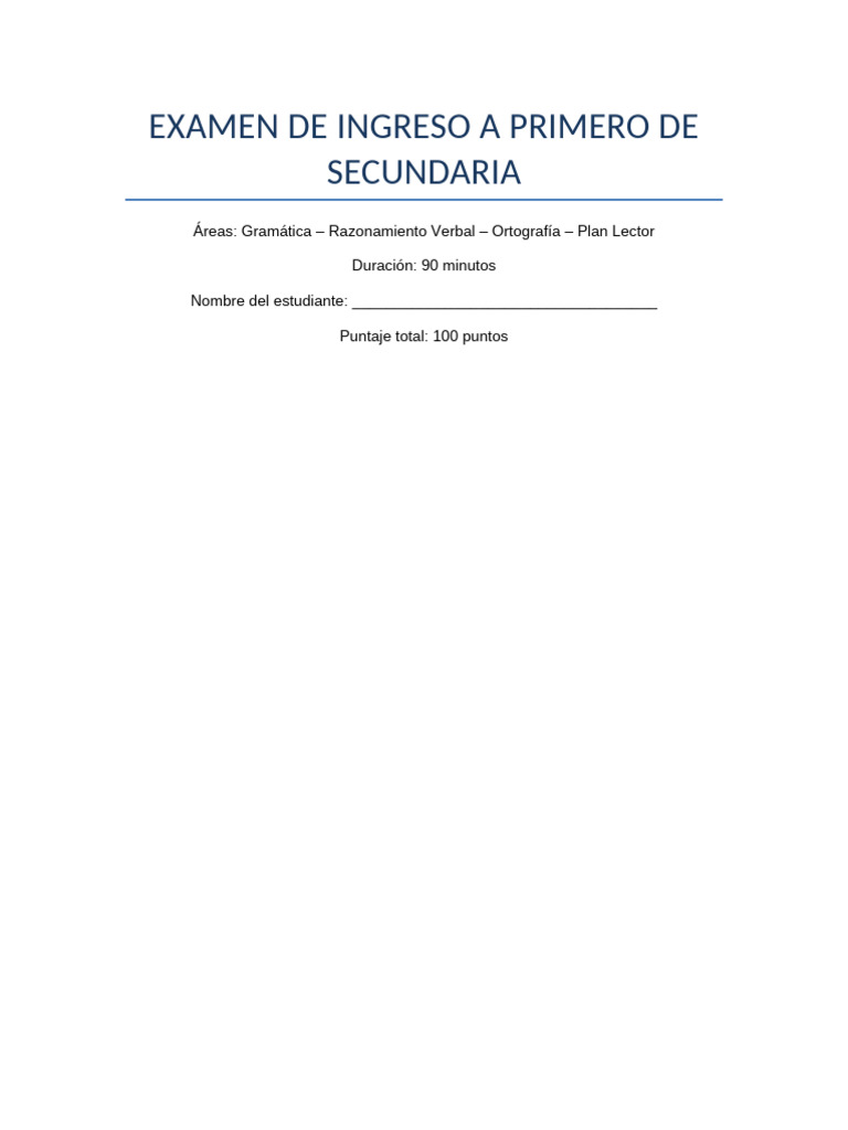 Examen Ingreso 1ro Secundaria LECTURA EXTENSA | PDF | Verbo | Palabra