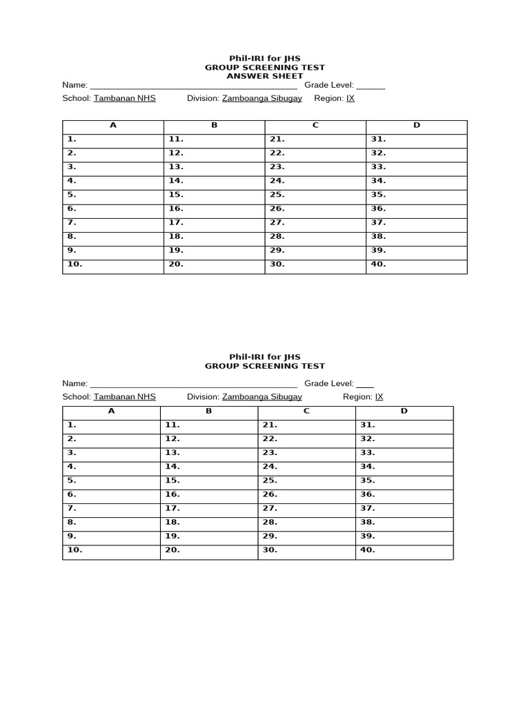 Phil IRI For JHS GST Answer Sheet | PDF | Chess Theory | Chess