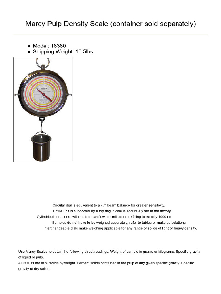 Marcy Pulp Density Scale Overview | PDF | Weighing Scale | Density