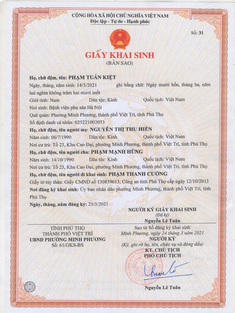 Giay Khai Sinh-Pham Tuan Kiet | PDF