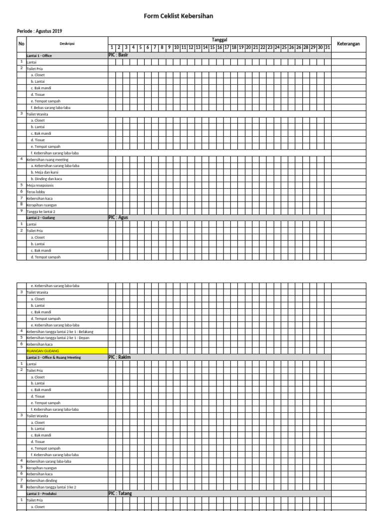Form Ceklist Kebersihan | PDF